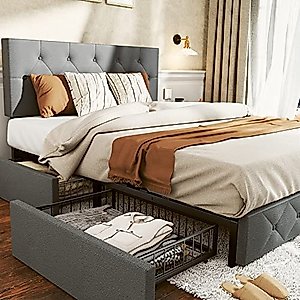 Fluest Queen Bed Frame with Headboard Storage Drawers of 4 Upholstered Bed Frame Platform Adjustable Headboard Wooden Slats Support/No Box Spring Needed/Easy Assembly/Mattress Foundation, Dark Grey