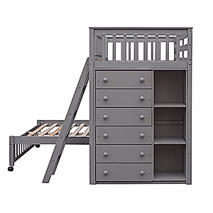 Harper & Bright Designs Twin Over Full Bunk Bed with Storage, Solid Wood Bunk Bed with 6 Drawers and 3 Flexible Shelves, Movable Bottom Bed with Wheels, for Kids Teens Adults (Gray)