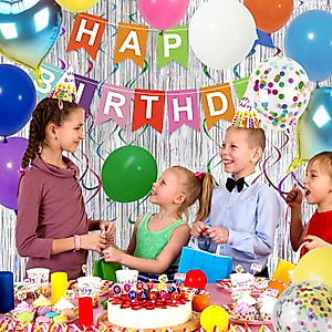 RUBFAC Rainbow Birthday Decorations, Colorful Balloon Garland Arch Kit, Happy Birthday Banner, Shiny Silver Fringe Curtain, Heart Foil Balloons, Hanging Swirls, Baby Shower Birthday Party Supplies