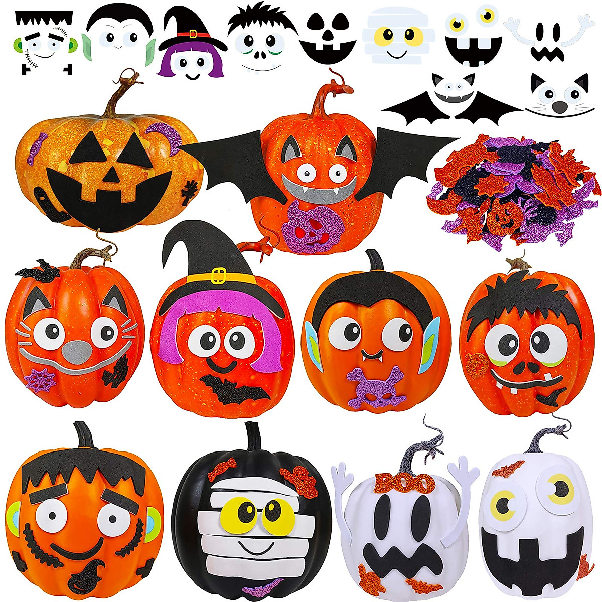 Supla 30 Kits Halloween Funny Face Pumpkin Decorating Craft Kits Decorates 30 Pumpkins Foam Jack-O'-Lantern Self-Adhesive Glitter Halloween Stickers for Kids Pumpkins Art Project Classroom Activity