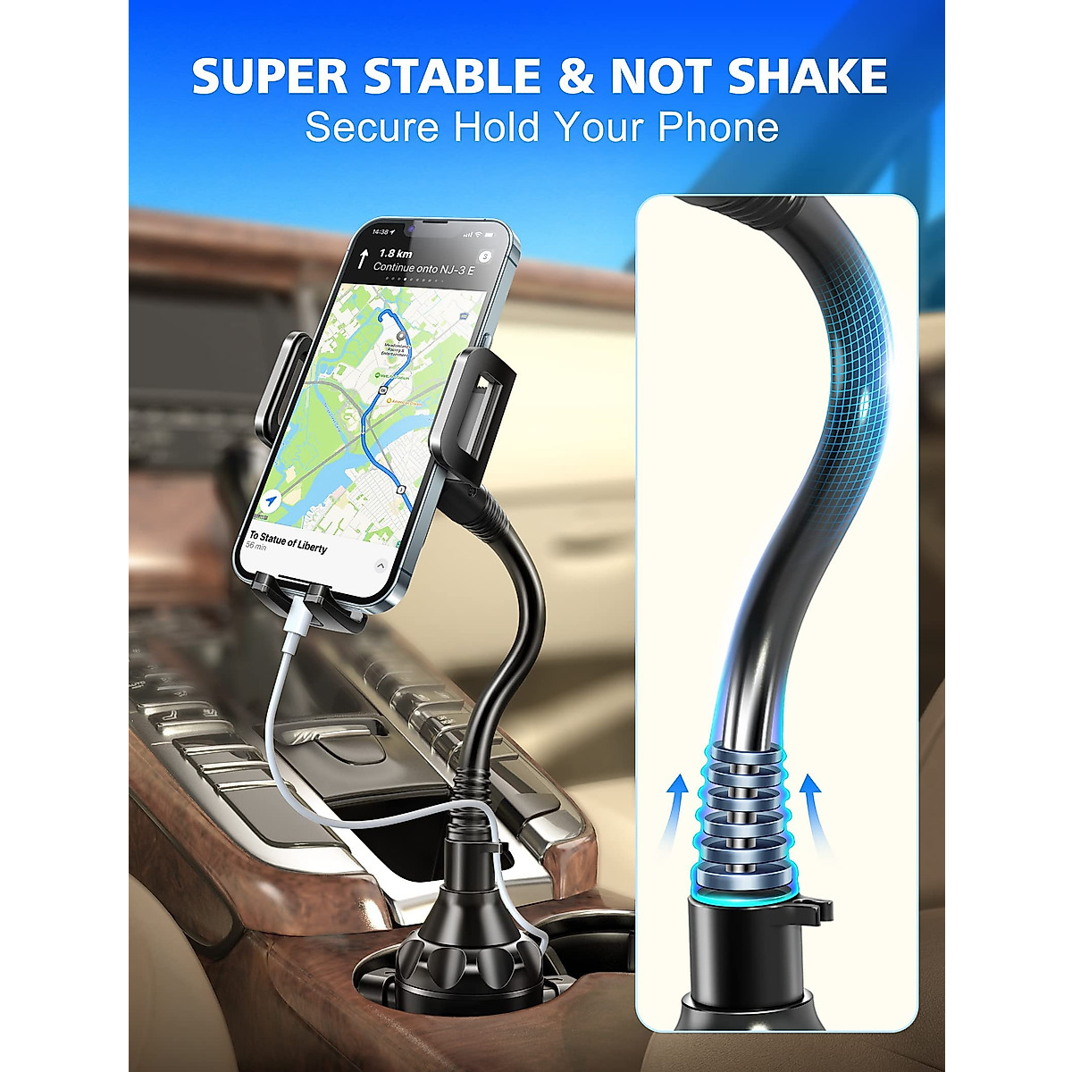 TOPGO [Upgraded Car Cup Holder Phone Mount Adjustable Gooseneck Automobile Cup-Holder-Phone-Car-Mount for iPhone 14 Samsung(Black+Blue)