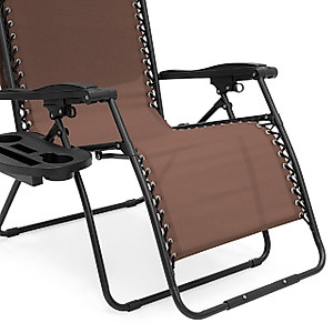Best Choice Products Oversized Steel Mesh Zero Gravity Reclining Lounge Patio Chair w/Folding Canopy Shade and Cup Holder, Brown