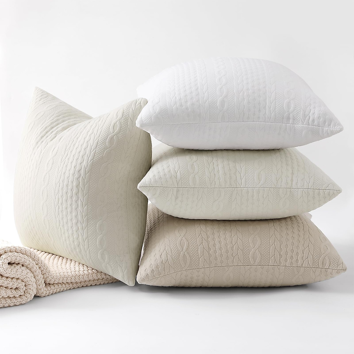 Cikary Decorative Throw Pillow Covers 18x18 Set of 2 for Sofa Bed with Raised Twisted Rope Pattern, Stretchy Embossed Couch Pillow Covers, Beige