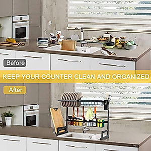 Over The Sink Dish Drying Rack Adjustable (25.5-31.5in) with Roll Up Dish Rack Over Sink, 2 Tier Stainless Steel Large Dish Drainer for Kitchen Counter Organizer Storage Space Saver with Utility Hooks