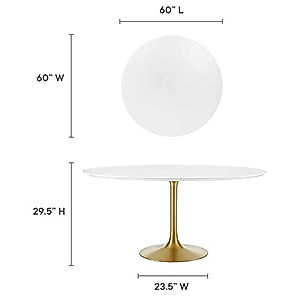 Modway Lippa 60" Mid-Century Modern Dining Table with Round White Top and Pedestal Base in Gold White
