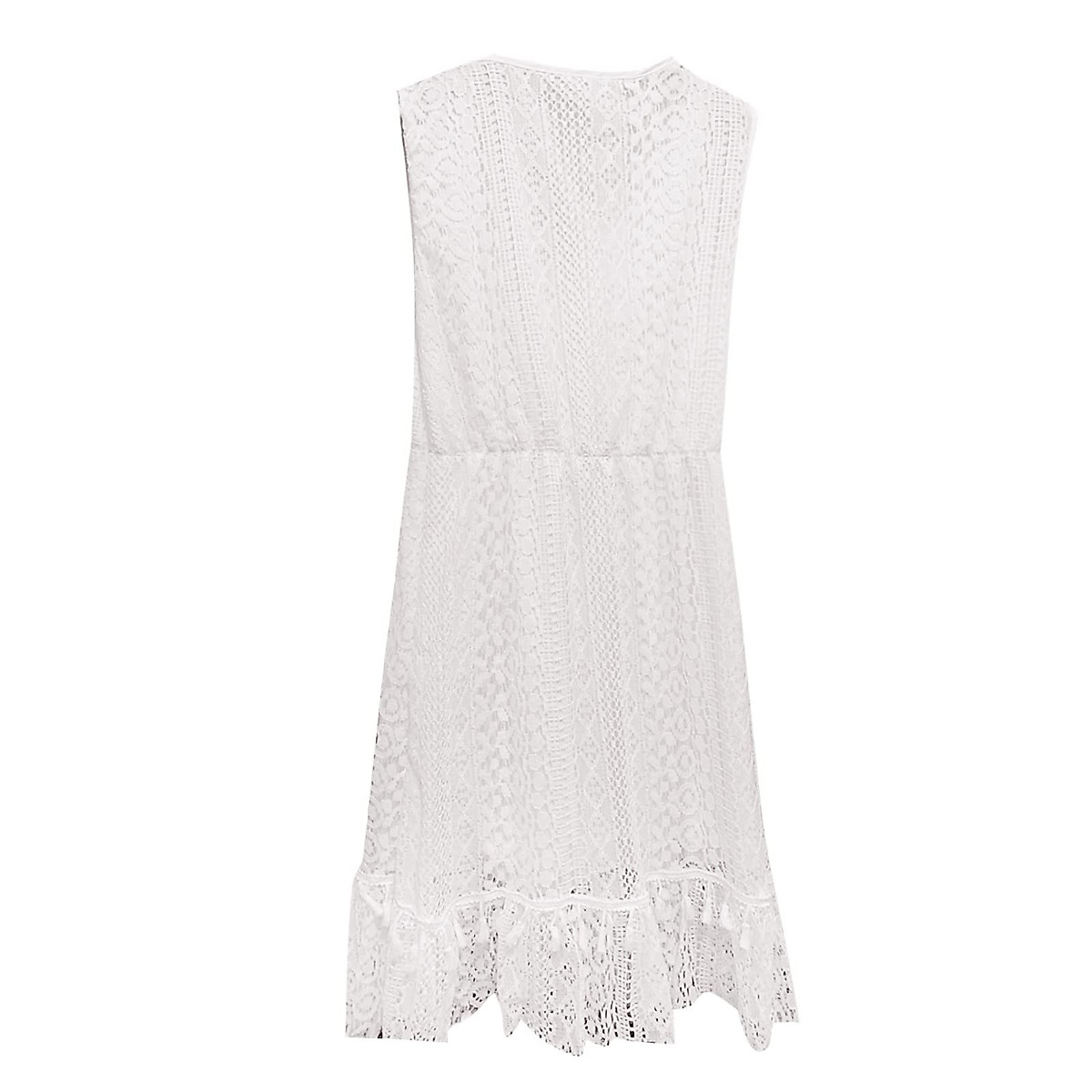 Long Sleeve Dresses for Women 2023 Ladies Sleeveless Embroidery Tassel Lace Trim Stitching Casual Fashion Dress White