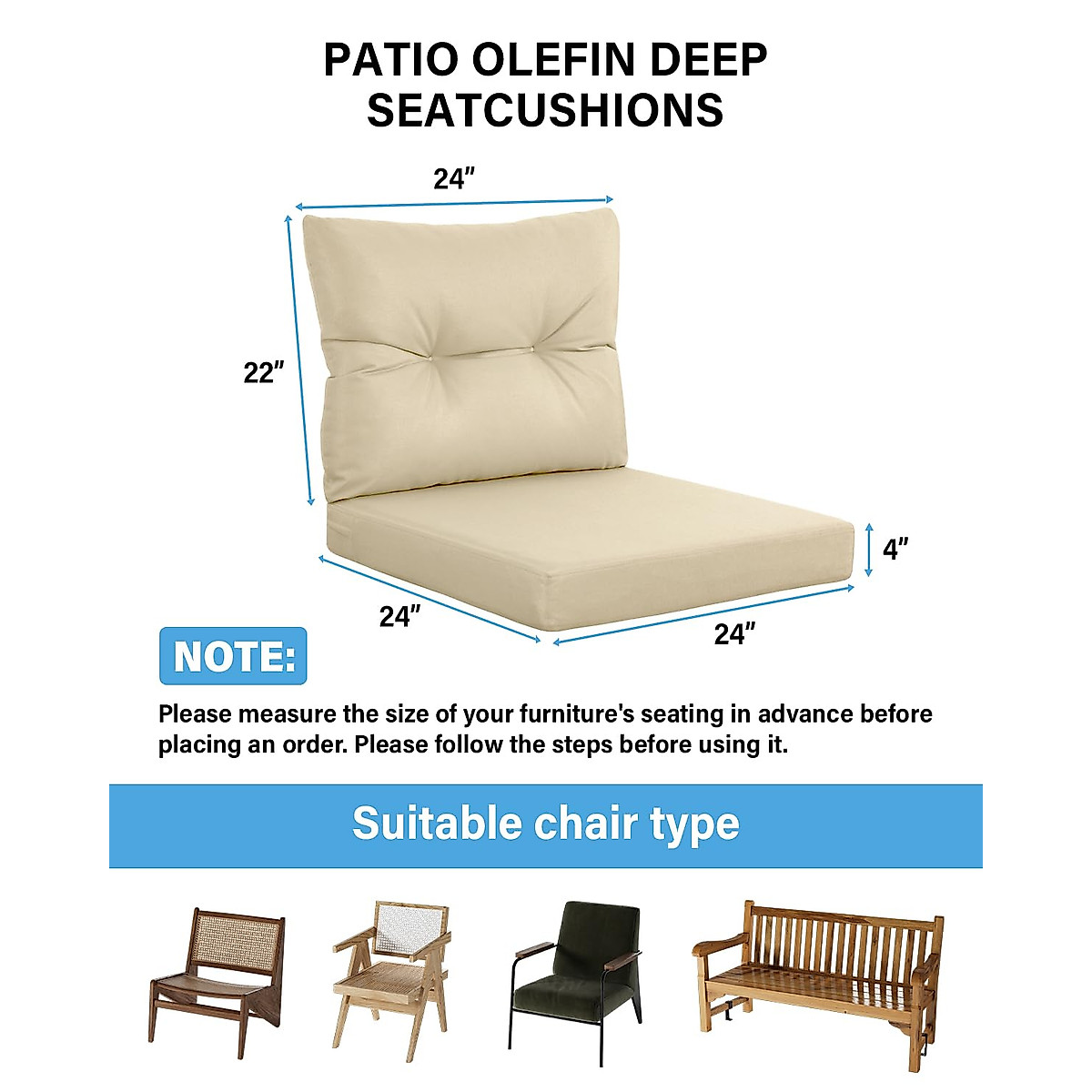 YEFU Outdoor Deep Seat Cushion Set, Double Waterproof Tech Fade Resistant Outdoor Chair Cushions, Patio Furniture Cushions with Straps for Chair Sofa Couch, 24x24 Inch, Beige