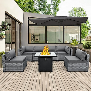 Valita 7 Piece Outdoor PE Wicker Furniture Set, Patio Gray Rattan Sectional Sofa Couch Adjustable Gas Fire Pit Grey Cushions