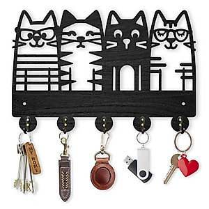 MAYJOYDIY Cat Coat Hooks Wall Mount Cat Wearing Glasses Wood Key Holder for Wall 11.8×7.9inch Black Pet Wall Art Decor Key Hooks 5 Alloy Hooks for Gift Entryway Living Room Kitchen Office