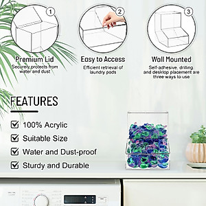 BSSOYAMM Laundry Pods Container, Acrylic Laundry Pods Holder with 2 Lid, Adhesive Dishwasher Pods Dispenser, Clear Laundry Room Organization Storage for Clothes Pins, Dryer Balls, Snack, Candy