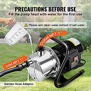 VEVOR Shallow Well Pump, 1.1 HP 115V, 978 GPH 131 ft Height, 69.6psi Max Pressure, Portable Stainless Steel Sprinkler Booster Jet Pumps for Garden Lawn Irrigation system, Lake Fountain, Water Transfer