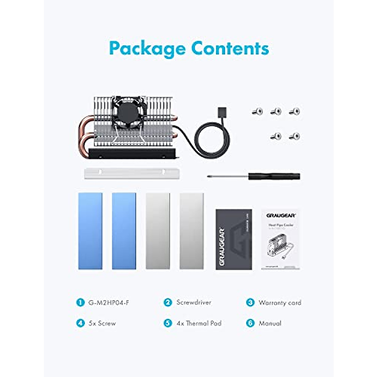 GRAUGEAR M.2 2280 SSD Heatsink, Direct-Touch Heat of Dual Copper Heat Pipes, 25 mm Cooling Fan Built-in PWM Control, Aluminum Plate-Fin Design, Thermal Pads incl. Cooler for M.2 NVMe/SATA[G-M2HP04-F]