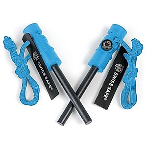 Swiss Safe 5-in-1 Magnesium Ferro Rod Fire Starter Survival Tool - Flint & Steel Striker, Compass, Paracord & Whistle - Emergency Kit for Backpacking, Camping, Hiking - All-Weather - Jungle, 2-Pack