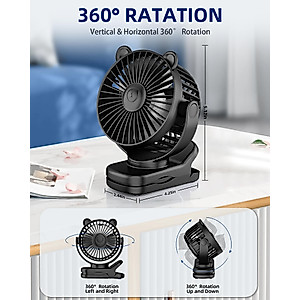 KIDEE Portable Clip on Fan, Small Desk Fan Battery Operated, 360° Rotation, Cute Design, 3 Speed, Mini Table Fan USB Rechargeable, Personal Cooling Baby Stroller Fan for Home Office Outdoor Travel