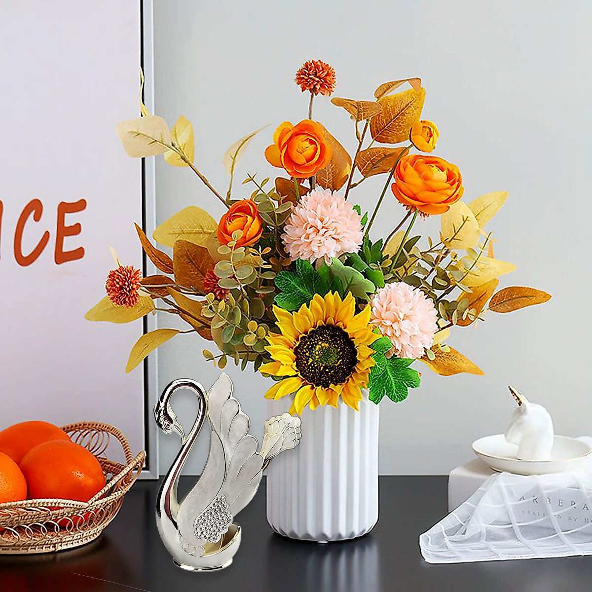 Swan Base Holder with 6pcs Coffee Dessert Dinner Spoon Set, Metal Coffee Spoon Organizer Teaspoon Fruit Dessert Flatware Sugar Ice Cream Spoons (Silver)