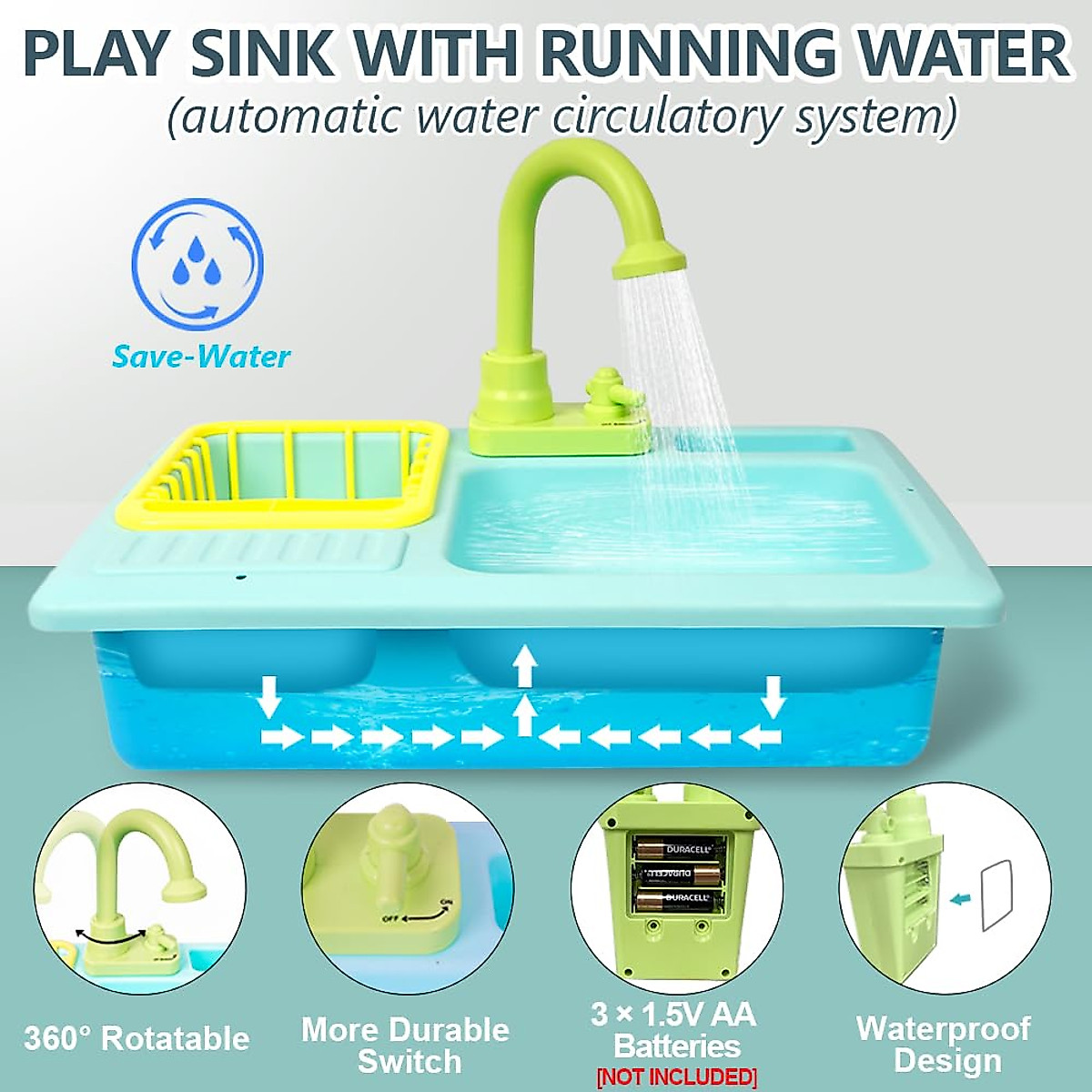 XINGYING Play Sink with Running Water, Kitchen Sink Toys for Toddlers w/Automatic Water Cycle System, Dish Rack, Cutting Food, Utensils Tableware Accessories, Kids Sink Pretend Play for Boy Girls