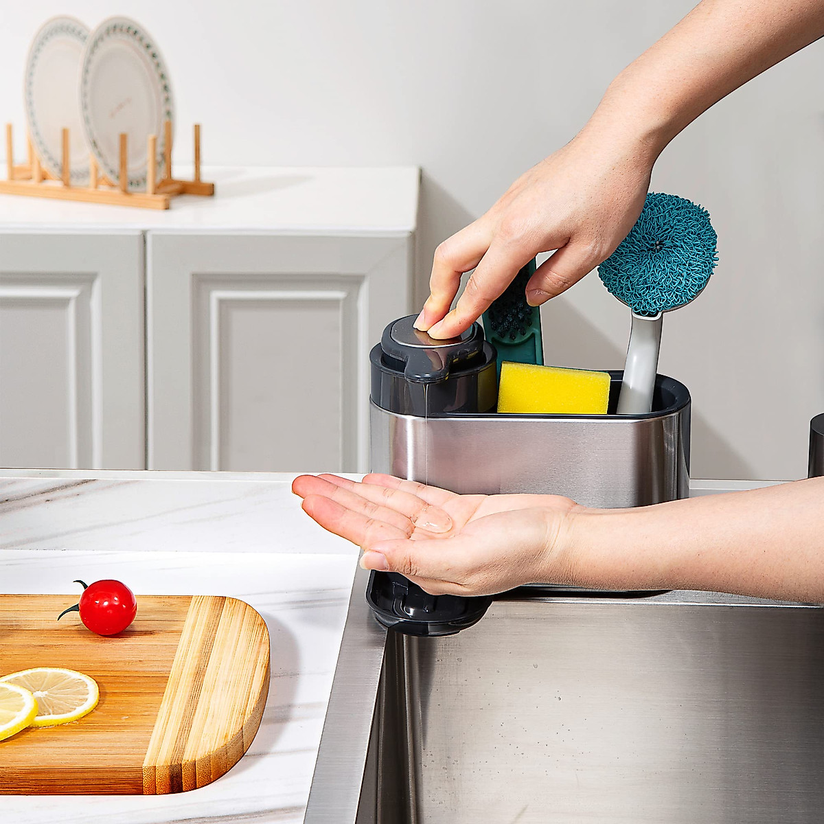 SDlumeiy Stainless Steel and Plastic Soap Dispenser with Sink Caddy, Stainless Steel Sponge Holder, Brush Holder, Kitchen Sink Organizer 7x5x6.4 inches Silver Gray