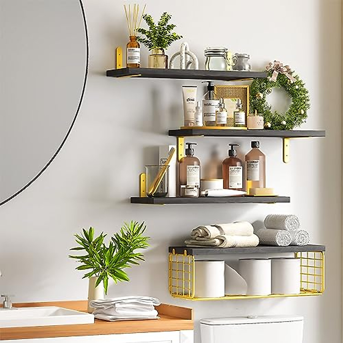 Fixwal 4+1 Tier Floating Shelves Rustic Wood Wall Mounted Shelf, Bathroom Shelves Over Toilet with Wire Storage Basket, Farmhouse Wall Decor for Bedroom, Kitchen, Living Room and Plants (Black Gold)