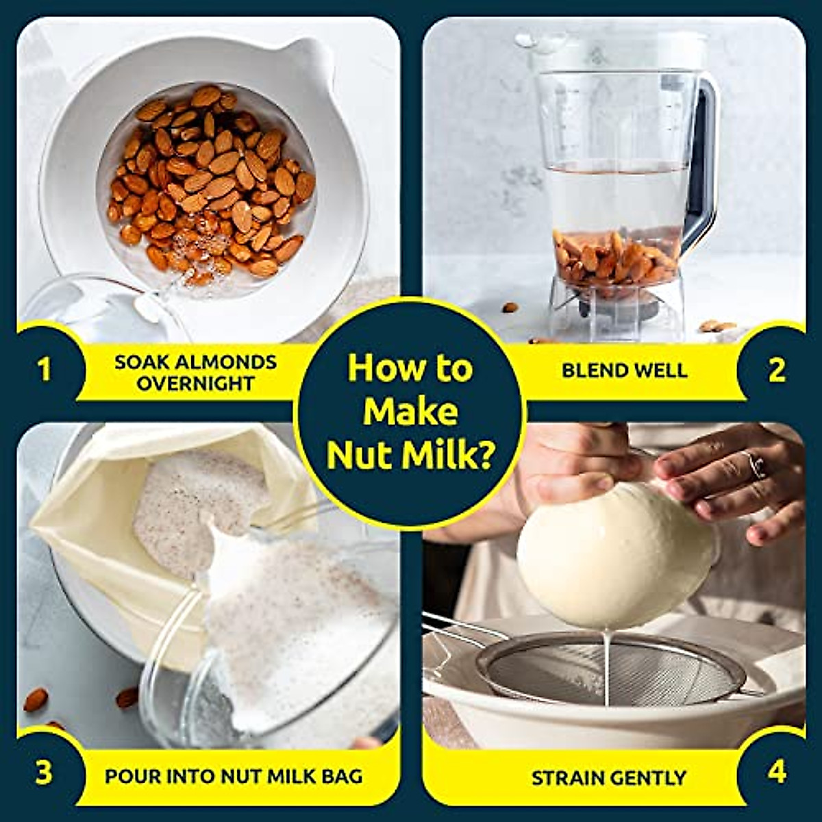 Sufaniq Nut Milk Bag - 2 Pack (12 x 12 Inches) 100% Unbleached Cotton Cheesecloth Bag, Premium Quality Reuseable Nut Bag Strainer for Almond, Soy, Oat Milk, Tea, Juices, Cold Brew Coffee