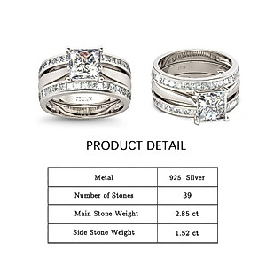 Jeulia 4.37 Carat Engraved Pricess Cut Cubic Zirconia Engagement Ring Diamond Wedding Bands for Women CZ Solitaire Sterling Silver Anniversary Bridal Promise Rings Set (8.5)