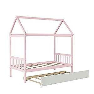 Prohon Twin Size Platform Bed with Trundle & Headboard, House Bed with Roof Design, Wooden Bed Frame Strong Slats Support, Bedframe for Kids Teen Adults, No Box Spring Needed, Pink
