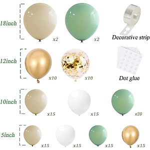 Sage Balloon Garland Arch Kit,134 pcs Sage Green Sand White Metallic Gold Matte White Confetti Latex Balloons for Baby Shower Bridal Shower Bachelor Party Wedding Birthday Party Decorations…