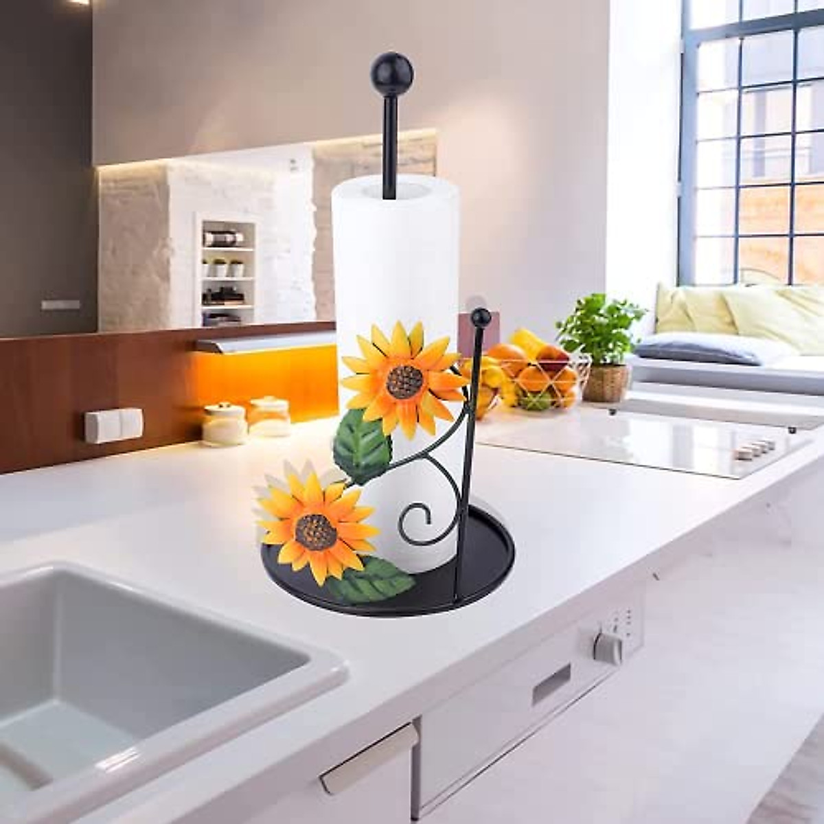Sunflower Paper Towel Holder Countertop Sunflower Kitchen Decor Accessories Yellow Paper Towel Rack Stand Farmhouse Heavy Duty Base Black Stainless Steel