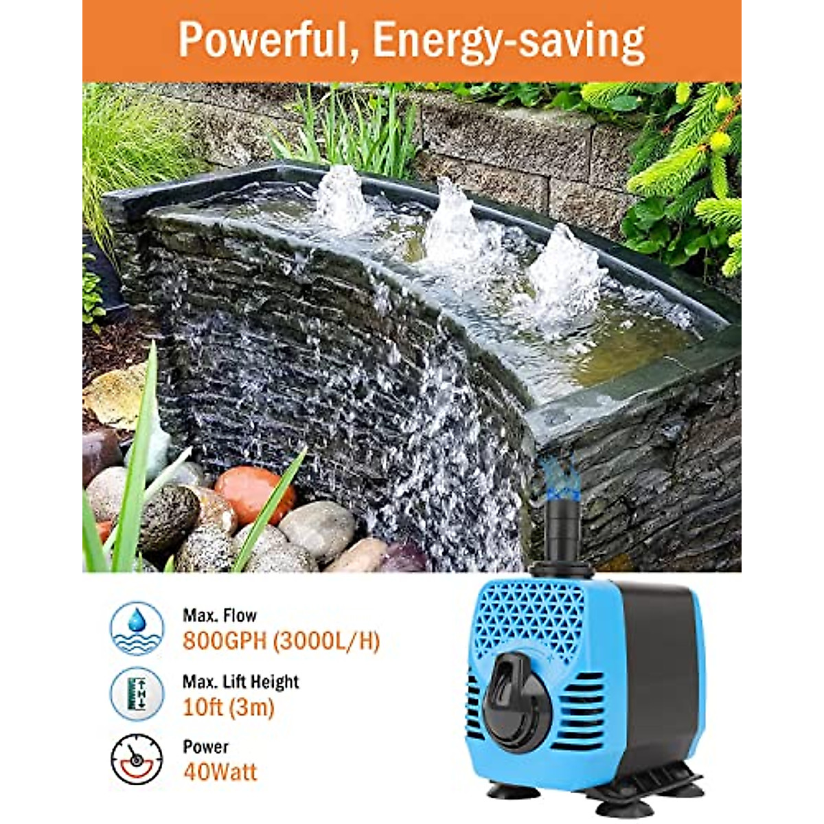 Kulife FUMAK 800GPH Submersible Water Pumps (3000L/H, 40W) Fountain Pump Pond Pump Aquarium Water Pump with Flow Control for Fish Tank, Fountain, Waterfall, Filtration, Water feature, Hydroponics