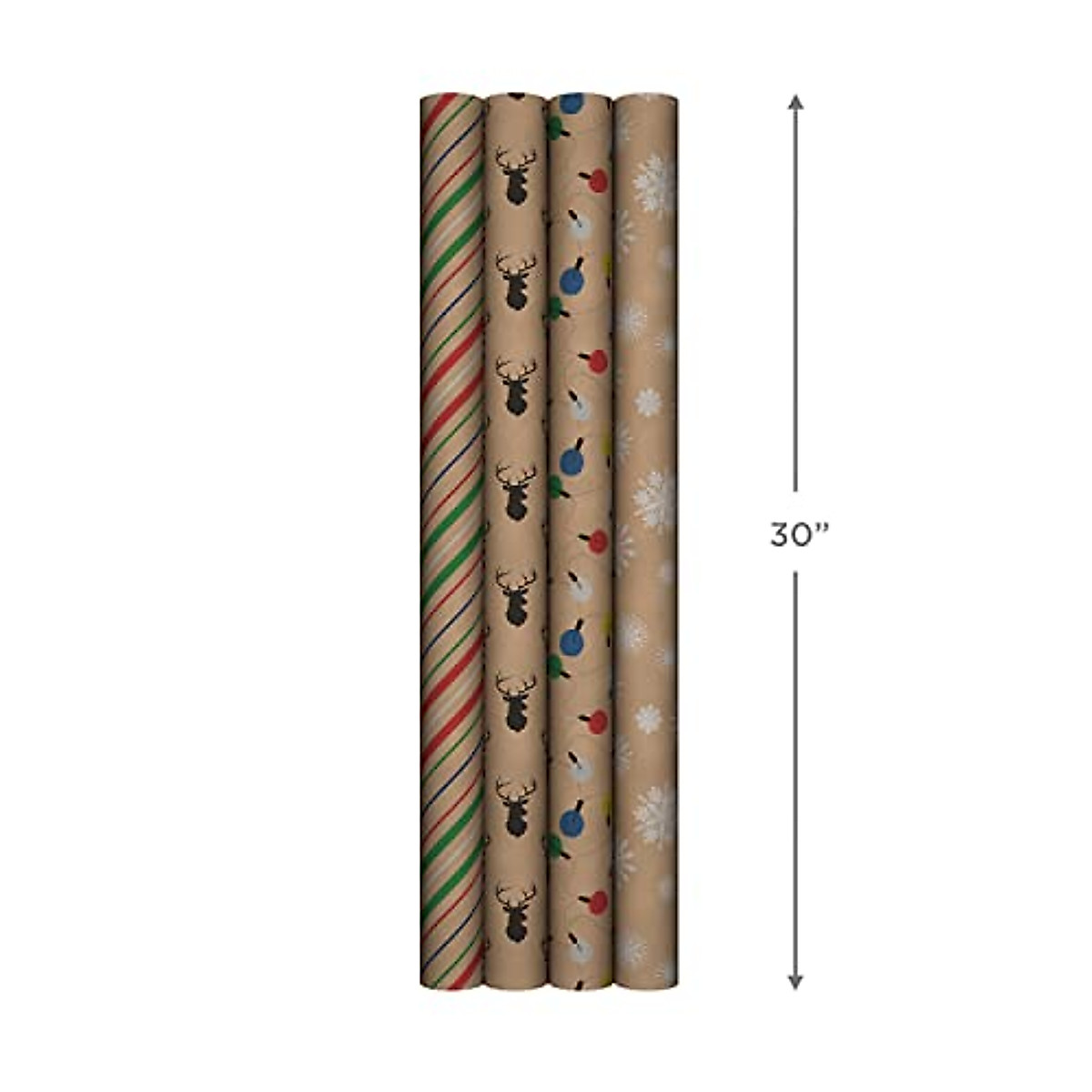 Hallmark Recyclable Christmas Wrapping Paper for Kids with Cut Lines on Reverse (4 Rolls: 88 sq. ft. ttl) Kraft Brown with Christmas Lights, Deer, Snowflakes, Red, Green, Blue Stripes