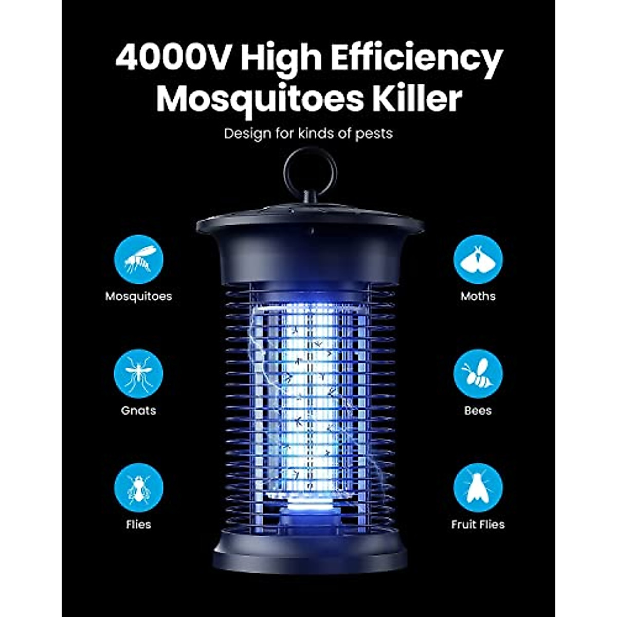 Gaiatop Bug Zapper Outdoor, 4000V 18W Mosquito Zapper Outdoor with 5ft Power Cord, Waterproof Electric Insect/Fly Trap Zapper Killer for Home Backyard Garden Patio - Black