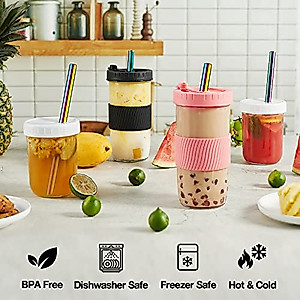 Mfacoy (4 Pack x 2 Size Boba Cup, 24oz & 16oz Bubble Tea Cup, Smoothie Cups with Lids and Stainless Straws, Reusable Boba Cup, Wide Mouth Mason Jar Drinking Glasses with Silicone Sleeve for Travel