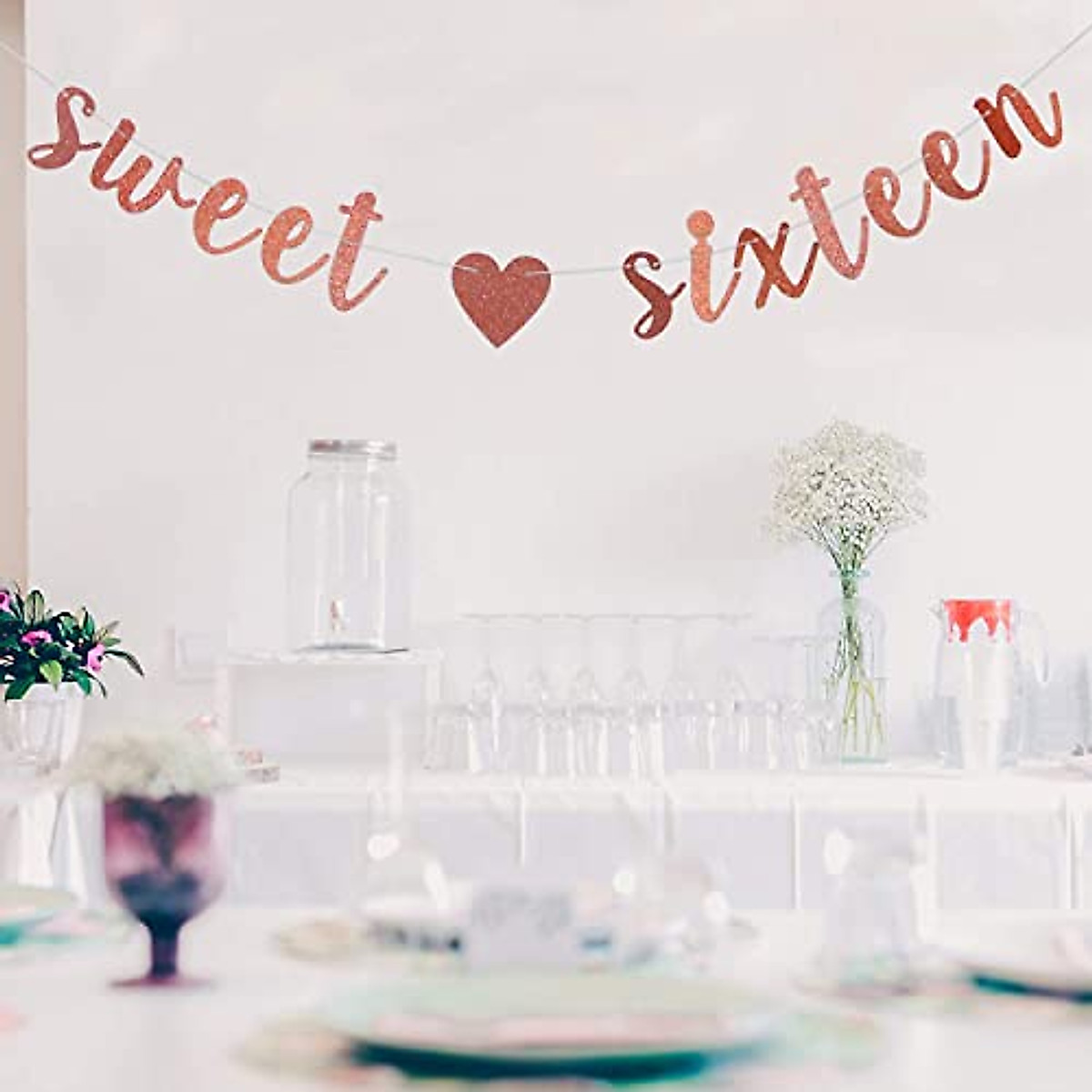Rose Gold Glitter Sweet Sixteen Banner - Happy 16th Birthday Bunting Garlands/Happy Sweet 16/Cheers to 16 Years Old Party Decoration Supplies
