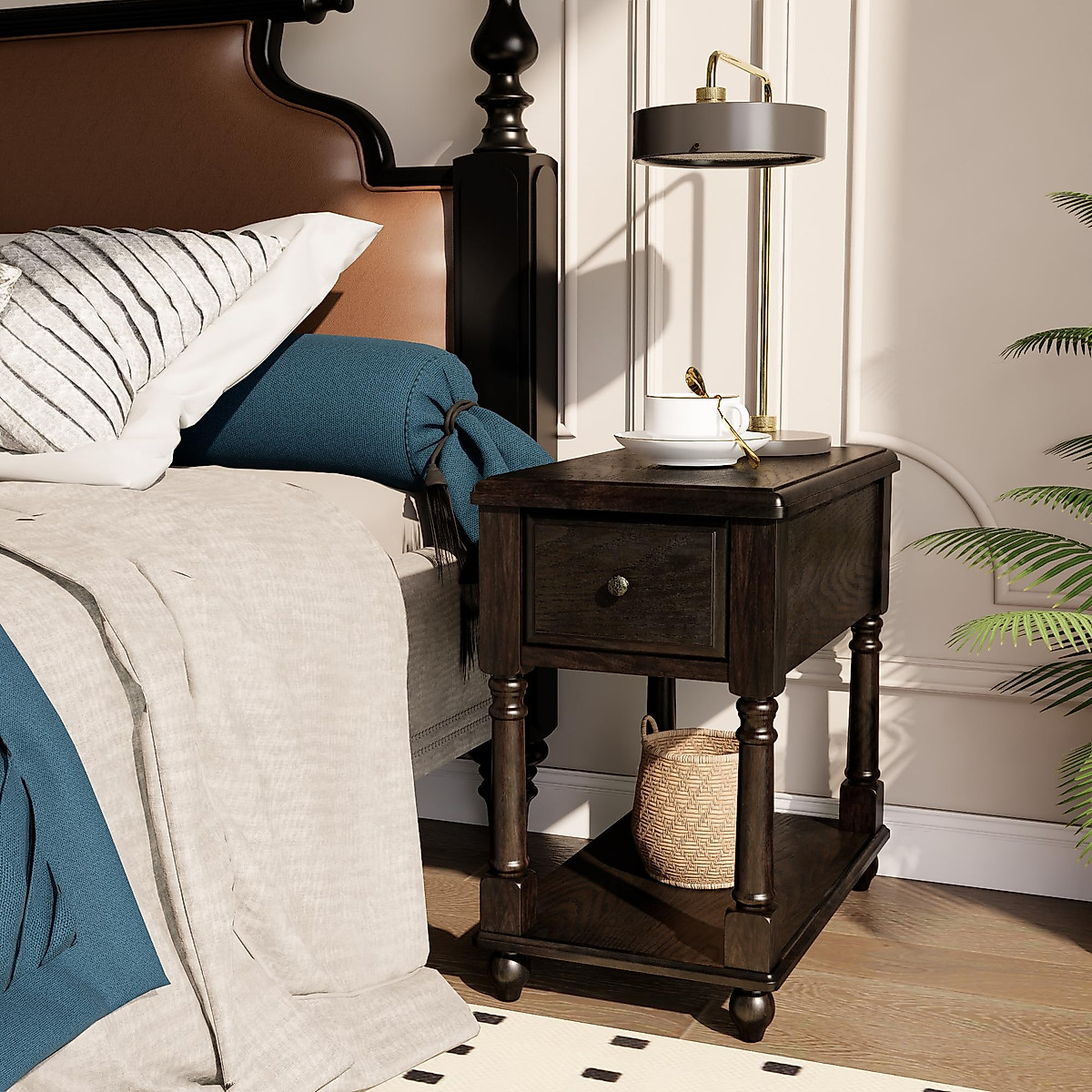 LEEMTORIG Narrow End Table with Drawer, Solid Wood 2 Tier End Side Table with Storage Shelves, Slim Nightstand for Small Spaces, Living Room, Bedroom, Easy Assembly, Rustic Black BBJ-004-BK