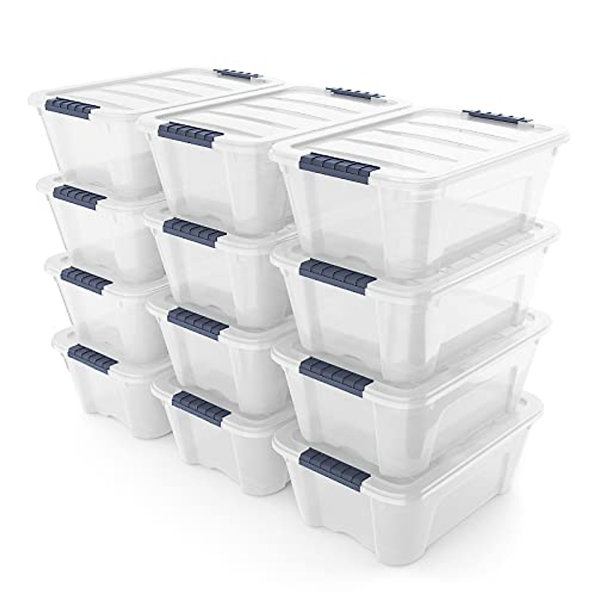 Giantex 12 Pack Storage Bins with Lids, 12.7 Qt. Storage Box, Stackable & Nestable Shoe Box, Tote Boxes, Closet Organization Container with Secure Latching Buckles, Classroom Art Supplies Storage, Clear