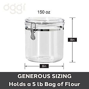Oggi Jumbo Clear Canister with Clamp Lid, 150 oz - Airtight Food Storage Container, for Kitchen & Pantry Storage of Bulk, Dry Foods Including Pasta, Flour, Sugar, Coffee, Rice, Tea, Spices & Herbs