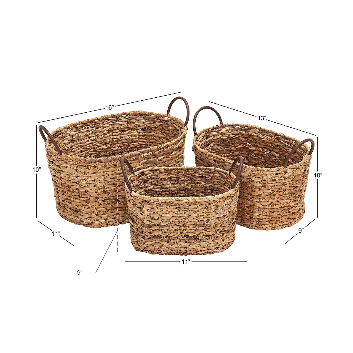 Deco 79 Metal Oval Storage Basket with Metal Handles, Set of 3 16", 13", 11"W, Brown