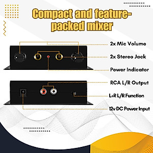 TNP Mini Mixer Audio - Compact 2 Channel Stereo Mixer, Black, Easy Control, Portable, Compatible with 6.35mm Dynamic Microphones & RCA Stereo Output