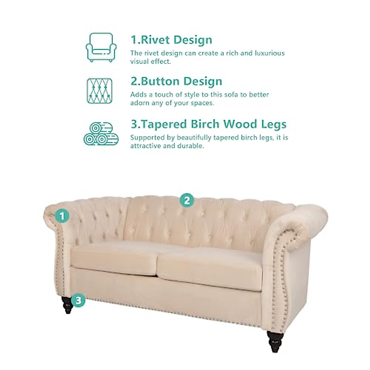 QHITTY Accent Sofa, Chesterfield Loveseat Modern Velvet Couch Upholstered Sofa with Tufted Back for Living Room Furniture (Beige)