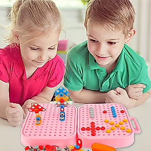 211 Pcs Creativity Tool Box, Electric Drill Puzzle Toys for Kids STEM Educational Building Toys Learning Kit with Electric Drill Screw Tool Set Educational Toys for Kids Boys and Girls Gift (Pink)