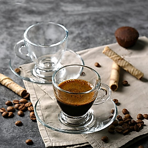 Volarium Espresso Cups with Saucers, Demitasse Clear Glass Drinkware, Set of 6 Cups and 6 Saucers for Turkish Coffee, Tea and Espresso Lover