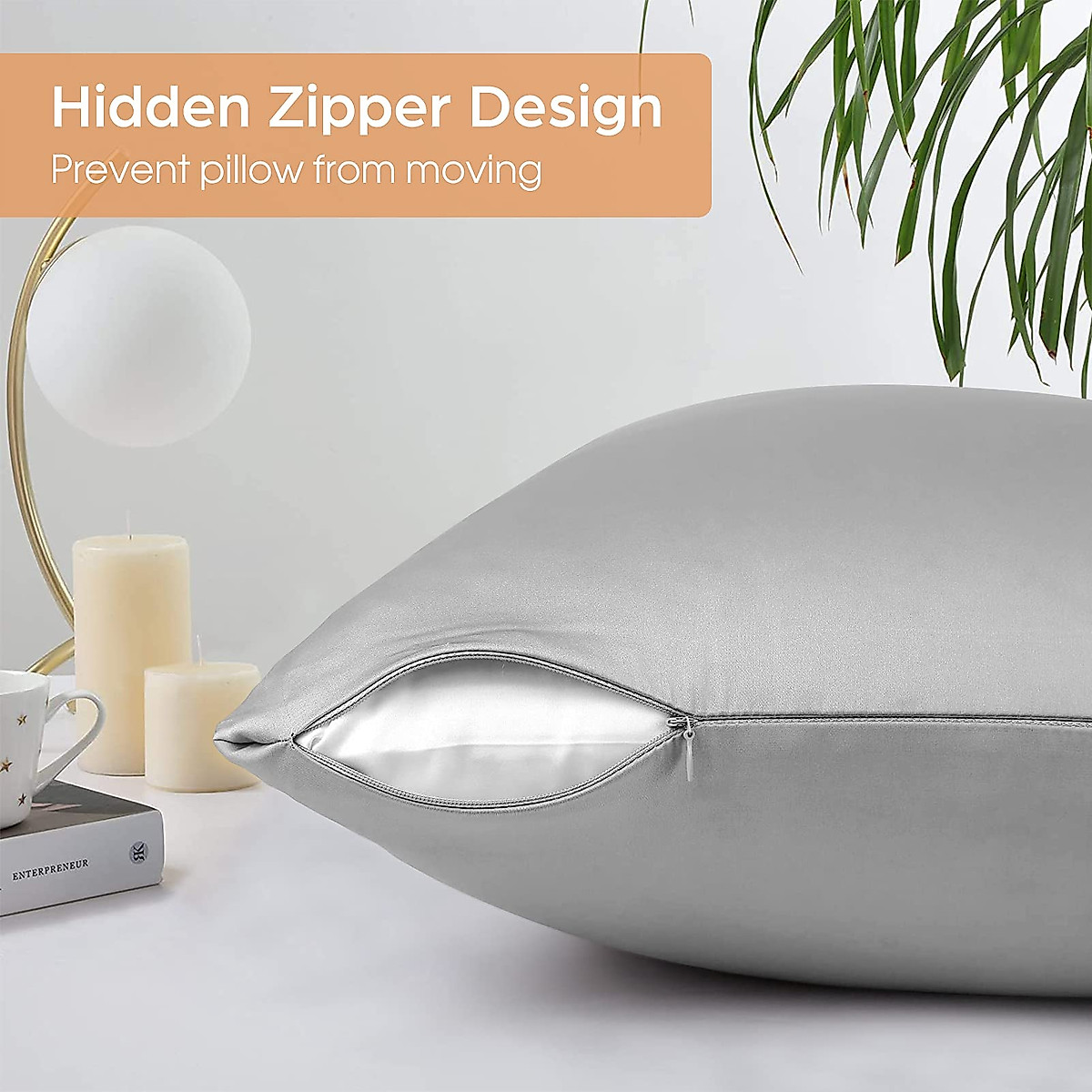 Veaken Silk Pillowcase for Hair and Skin, 2 Pack 100% Mulberry Silk Pillowcase 25 Momme, 600 Thread Count, Both Side Pure Silk Pillow Cover with Hidden Zipper (Gray, Queen 20''×30'')