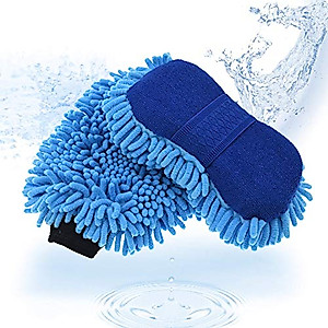 TeKX Premium Large Microfiber Chenille Car Wash Mitt and Car Wash Sponge Set (2 Pack), Washer Friendly, Soft and Scratch Free, Thumb Space Double Sided Mitt, Double Sided Sponge with Grip Band