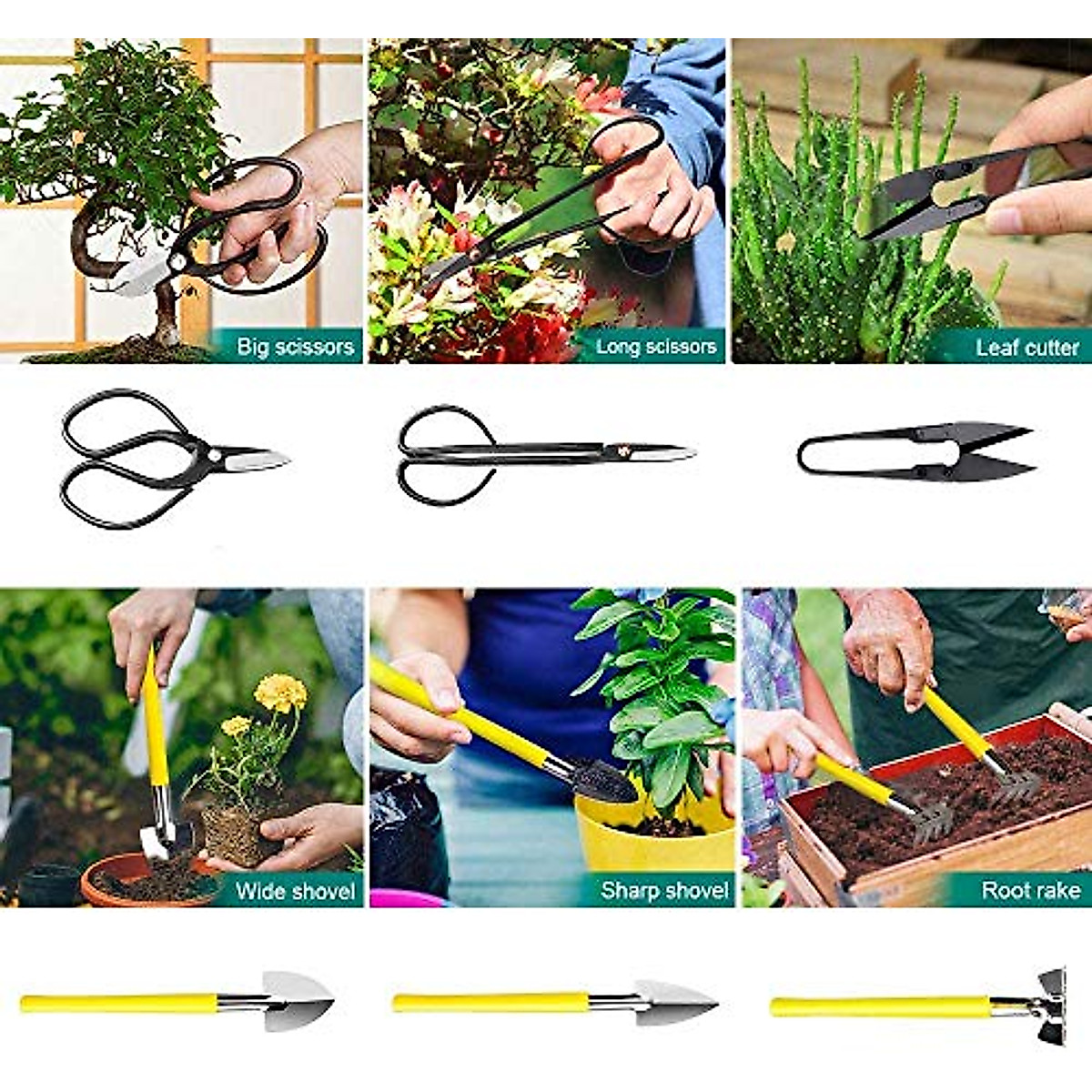 MOSFiATA Bonsai Tools Set 13 Pcs High Carbon Steel Succulent Gardening Trimming Tools Set Include Pruning Shears, Scissors, Mini Rake, Round and Pointed Shovel &Training Wire in PU Leather Bag
