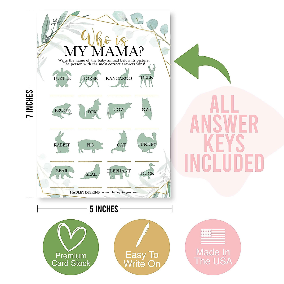 25 Greenery Animal Matching, 25 Nursery Rhyme Game, 25 Who Knows Mommy Best, 25 Baby Prediction And Advice Cards - 4 Double Sided Cards, Baby Shower Party Supplies