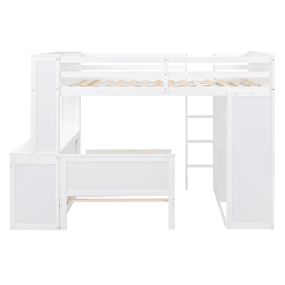 Full Over Twin Bunk Beds with Desk and Drawers , Wooden Full Size Loft Bed with Removable Twin Bed , Wardrobe and Shelves , Storage Bunk Bed with Ladder & Guardrails for Kids Girls Boys , White
