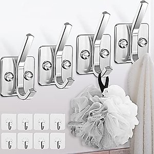 Wall Hooks 4 Pack , Heavy Duty Wall Hooks Aluminum Hooks for Hanging Coat, Hat, Towel, Robe, Key, Clothes, Towel Hook Wall Mount for Home, Office, Kitchen, Bathroom (w 8 Additional Sticky Hooks)