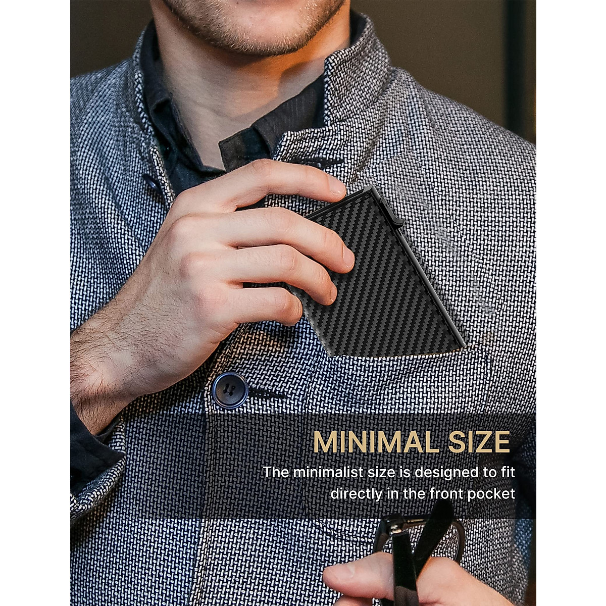 typecase Mens Wallet Card Holder: Pop Up Aluminum Case, Genuine Leather, Smart, RFID Blocking, Slim, Minimalist, Front Pocket - 9-14 Card Capacity | ID Window | Cash Slot (Carbon Fiber)