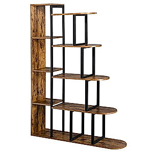 VINGLI 5-Tier Bookshelf, 5 Shelf Geometric Industrial Rustic Open Bookcase, 62.99" H L-Shape Freestanding Corner Ladder Shelf for Living Room, Study, Office, Retro Brown