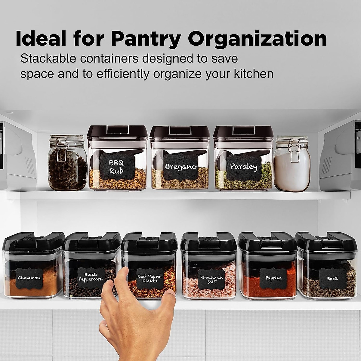 Shazo 9 PC Airtight Food Storage Containers + 9 Spoons - BPA Free Clear Plastic Snack & Spice Containers with Easy Lock Lids - Kitchen and Pantry Organization for Herbs, Coffee, Tea - 0.5L / 2.1 Cups