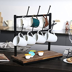 MyGift Rustic Burnt Wood and Black Metal Coffee Mug Holder Rack with 7 Hooks, Tabletop Coffee Bar Accessories Stand